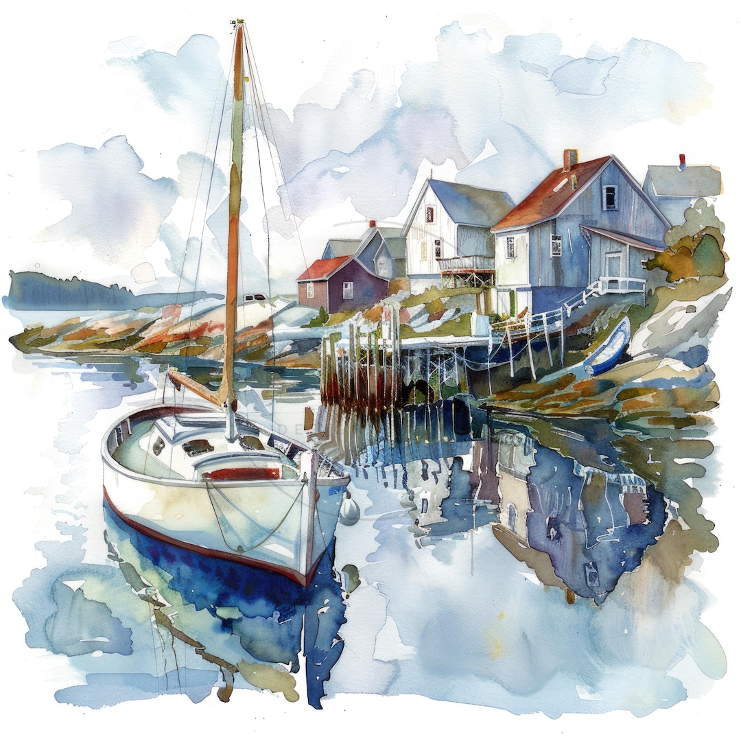 13 Little Harbour Landscape Clipart, Water Color Harbour Print, High ...