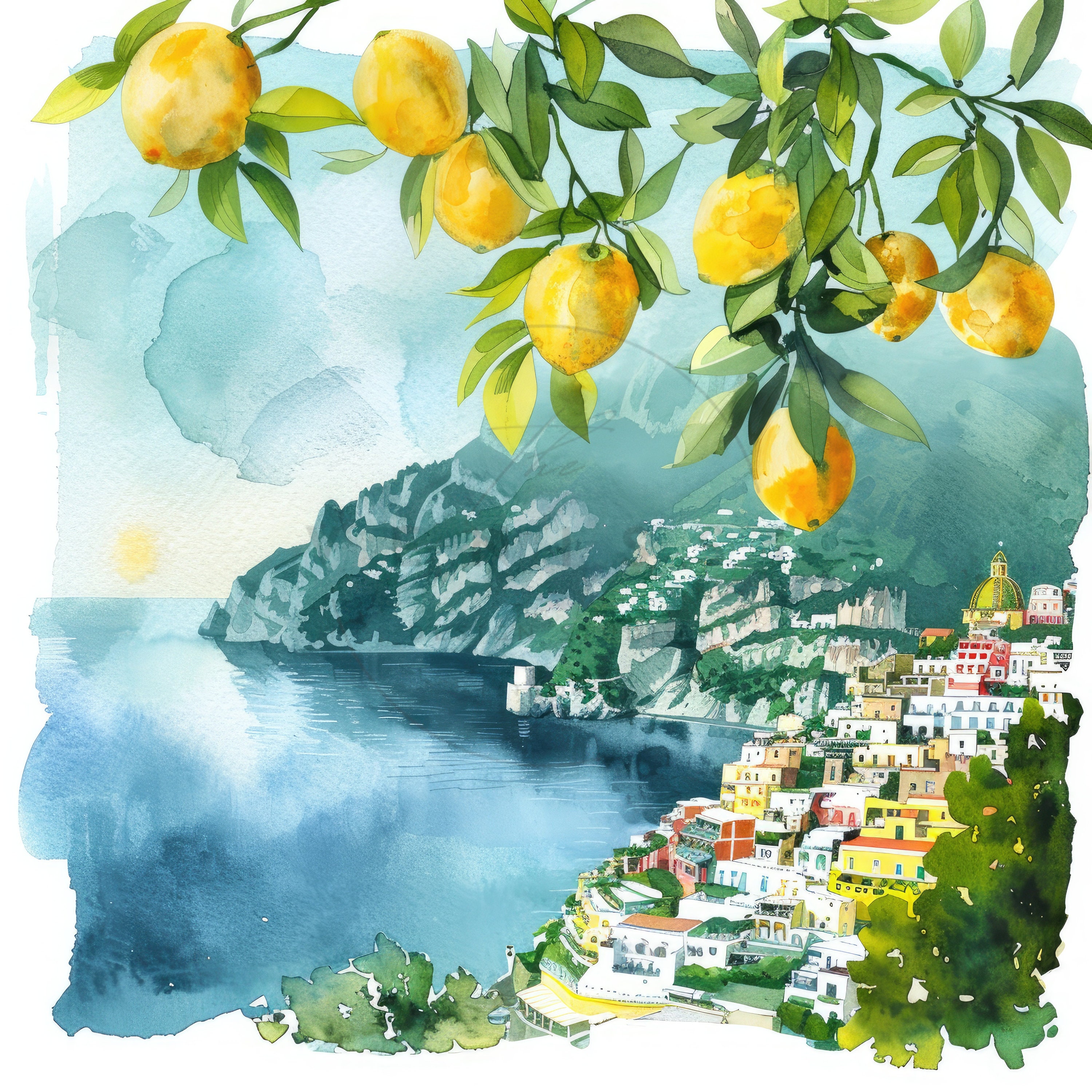 15 Italian Coast Clipart, Watercolor Amalfi Citrus Coast Clip Art ...