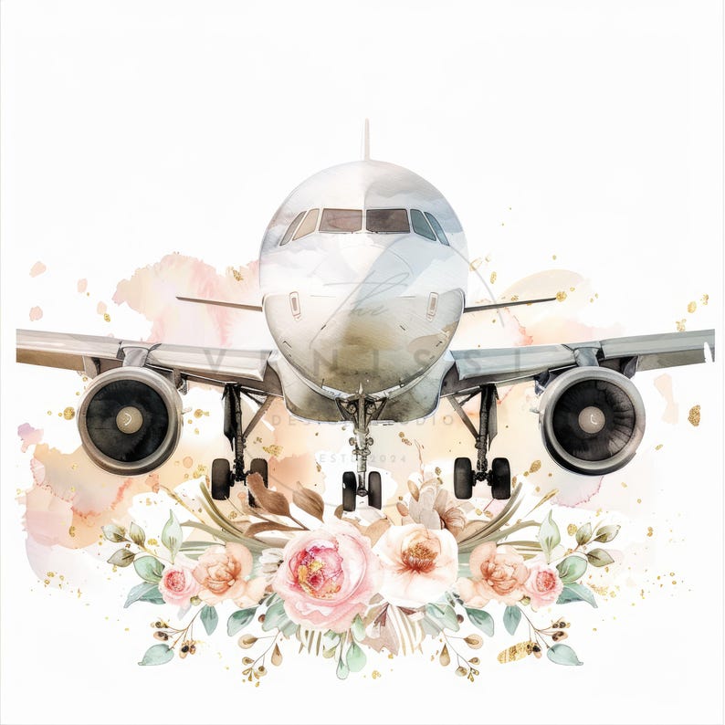 13 Floral Airplane With Gold Clipart, Watercolor Aircraft Clipart ...