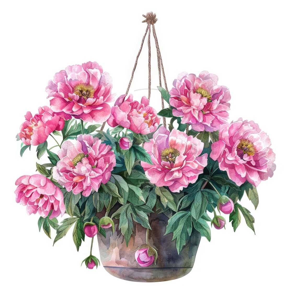 18 Watercolor Peonies Flowers in Hanging Pot Clipart Bundle, Peonies ...