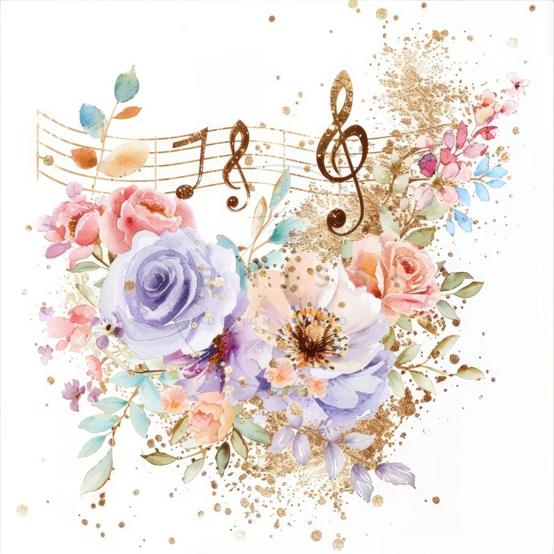 12 Floral Music Notes Clipart, Watercolor Music Clipart, Violin Print ...
