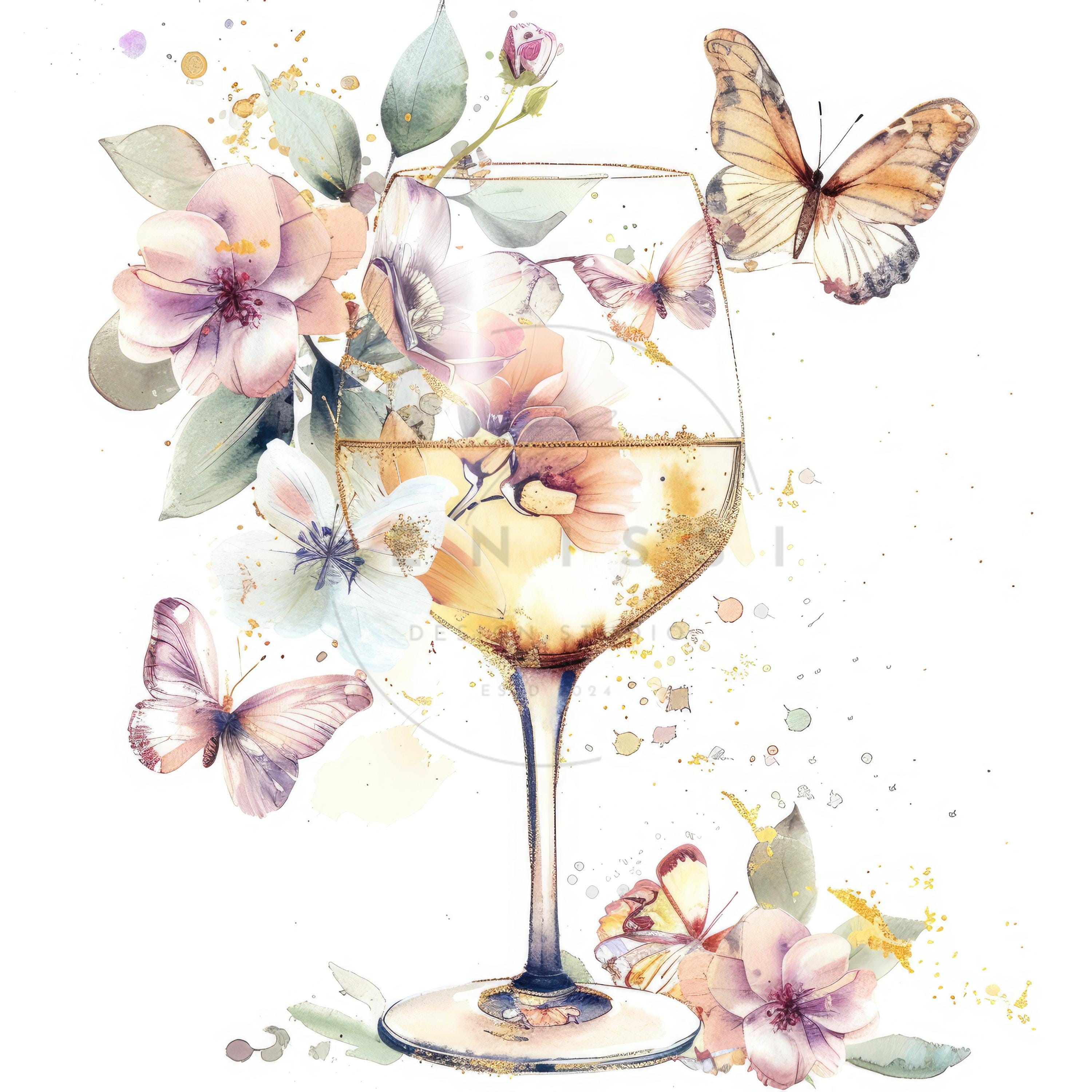 20 Floral Wine Glass Clipart, Watercolor Glass of Wine Clipart, Violin ...