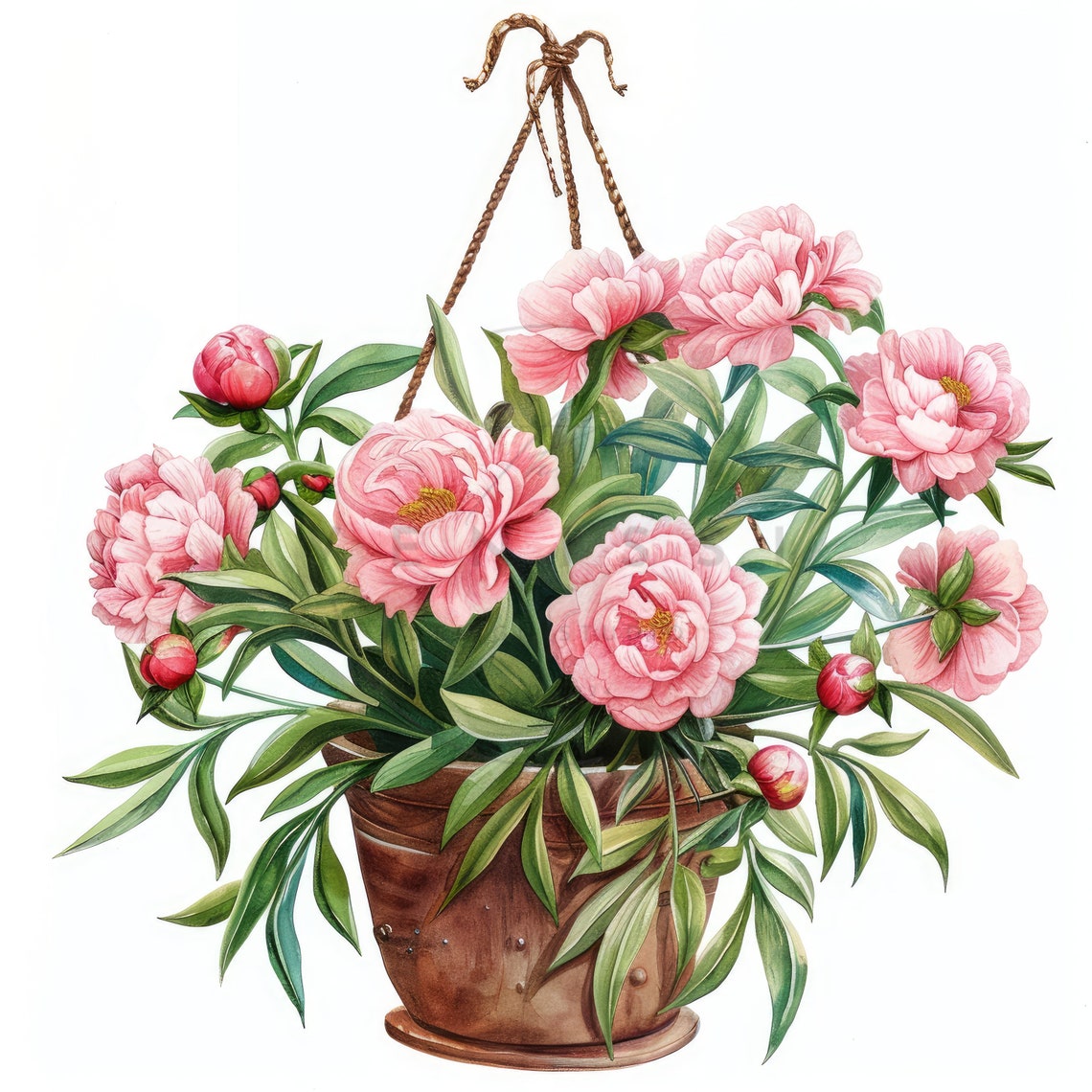 18 Watercolor Peonies Flowers in Hanging Pot Clipart Bundle, Peonies ...