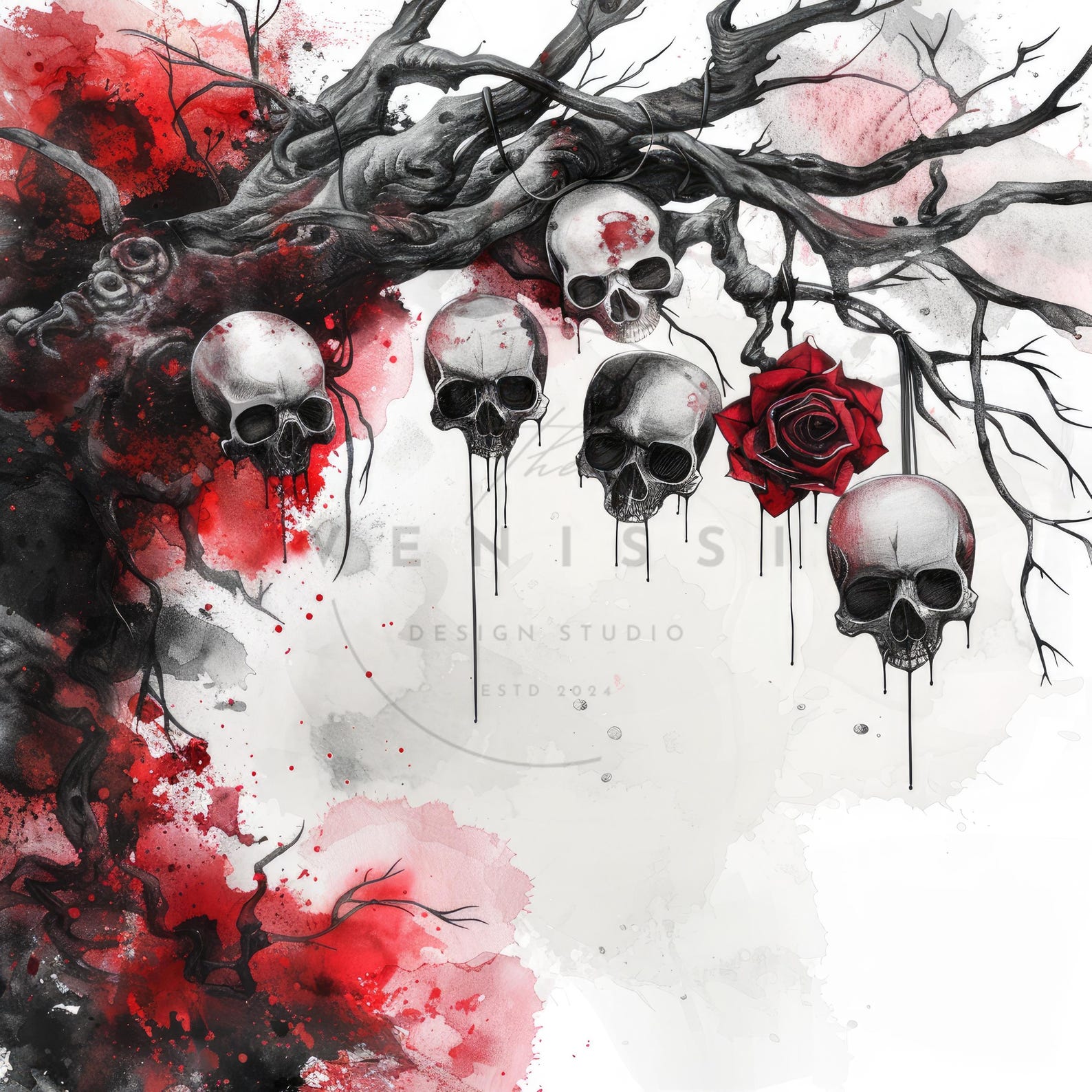 14 Gothic Bloody Tree With Skulls Clipart, Watercolor Skull Tree ...