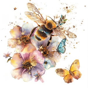 10 Bee in Flowers With Golden Glitter Clipart, Watercolor Bee Clipart ...