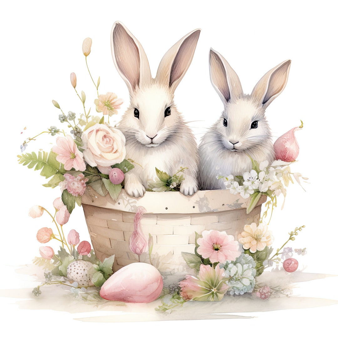 34 Easter Bunny Eggs Basket Clipart, Jpgs, Spring Bunny, Watercolor ...