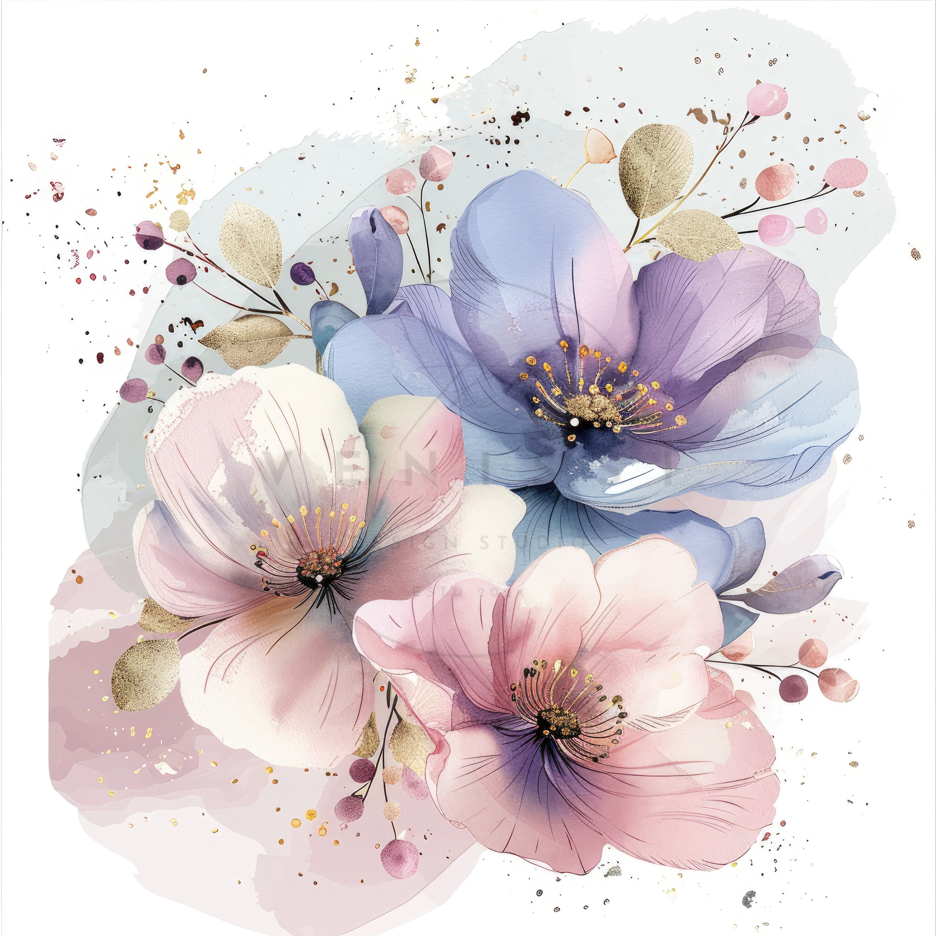 10 Spring Boho Flowers Bouquet Golden Glitter Clipart, Flowers Clip Art ...