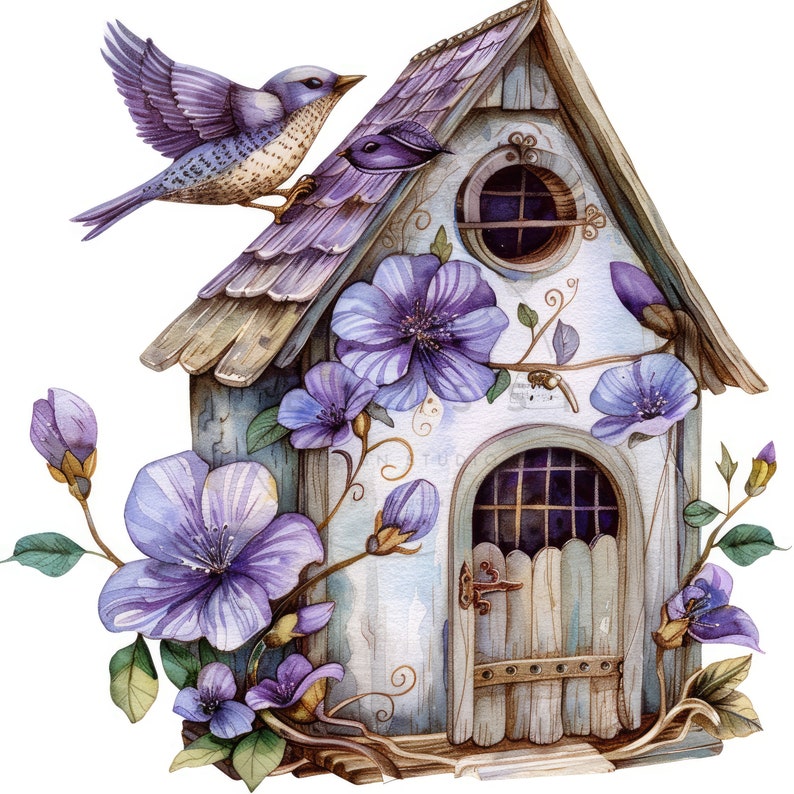 12 Vintage Bird House Clipart Pack, Watercolor Bird House Clip Art ...
