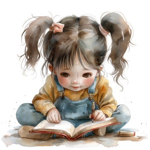 10 Girl Reading Book Clipart, Watercolor Children and Book Clipart ...
