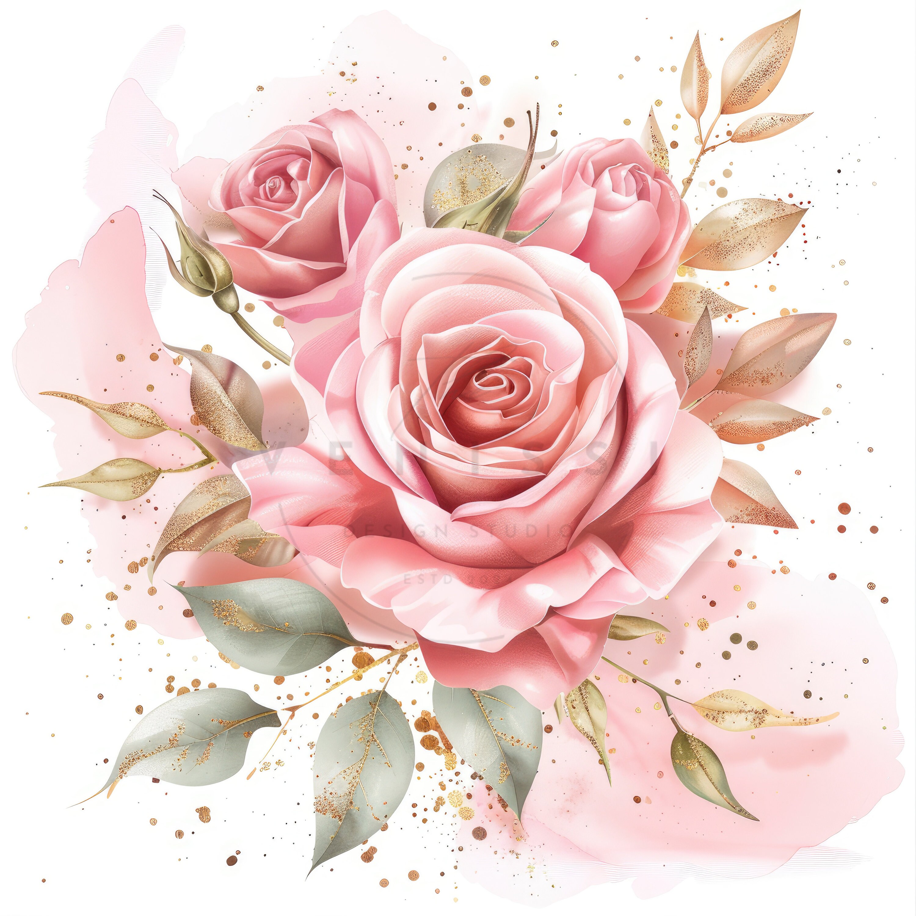 12 Pink Roses With Golden Glitter Clipart, Watercolor Pink Roses ...