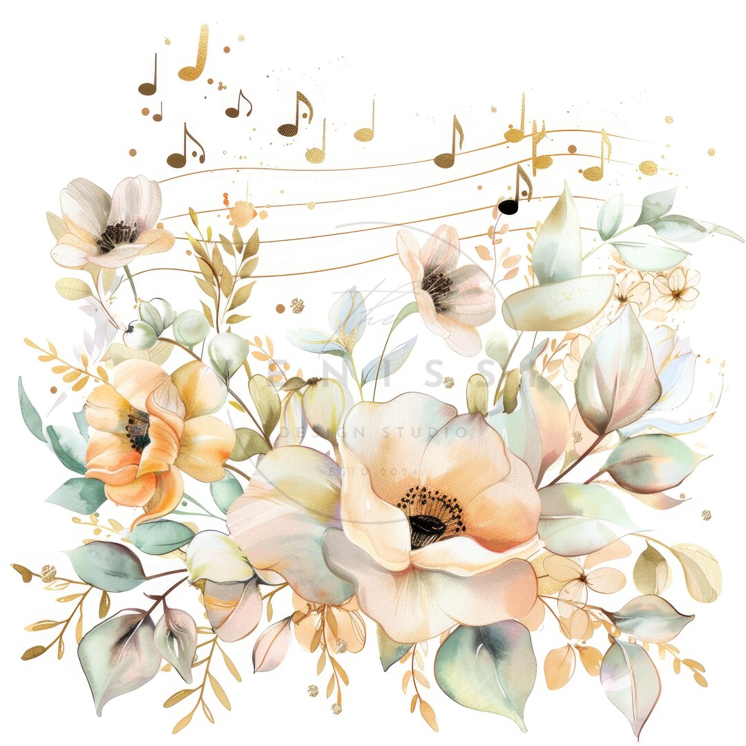 12 Floral Music Notes Clipart, Watercolor Music Clipart, Violin Print ...