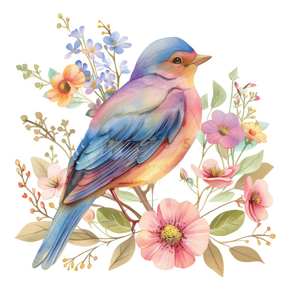 11 Vintage Bird in Flowers Clipart, Watercolor Floral Bird Clipart ...