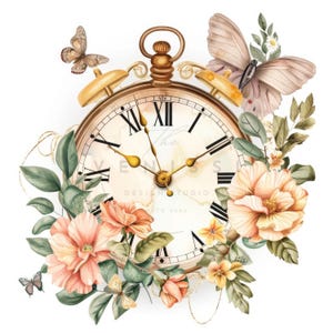 18 Vintage Clock in Flowers Clipart, Watercolor Floral Clock Clipart ...