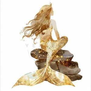 19 Gold Mermaid Clipart, Mermaid on Rock Clipart, Printable High ...