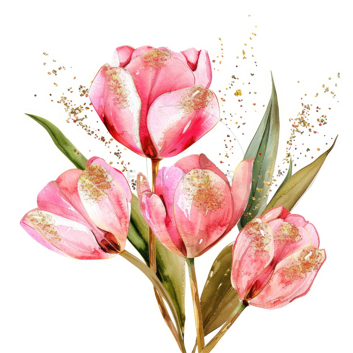 16 Pink Tulips Flowers With Golden Glitter Clipart, Watercolor Tulips ...