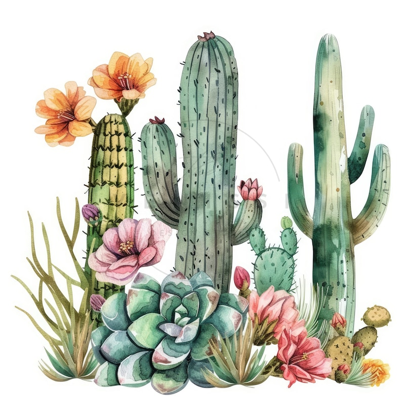 16 Blooming Cactus Watercolor Clipart Set, Desert Plant Clipart ...