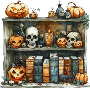 17 Halloween Bookshelf Clipart, Shelf With Pumpkins Books Clipart ...
