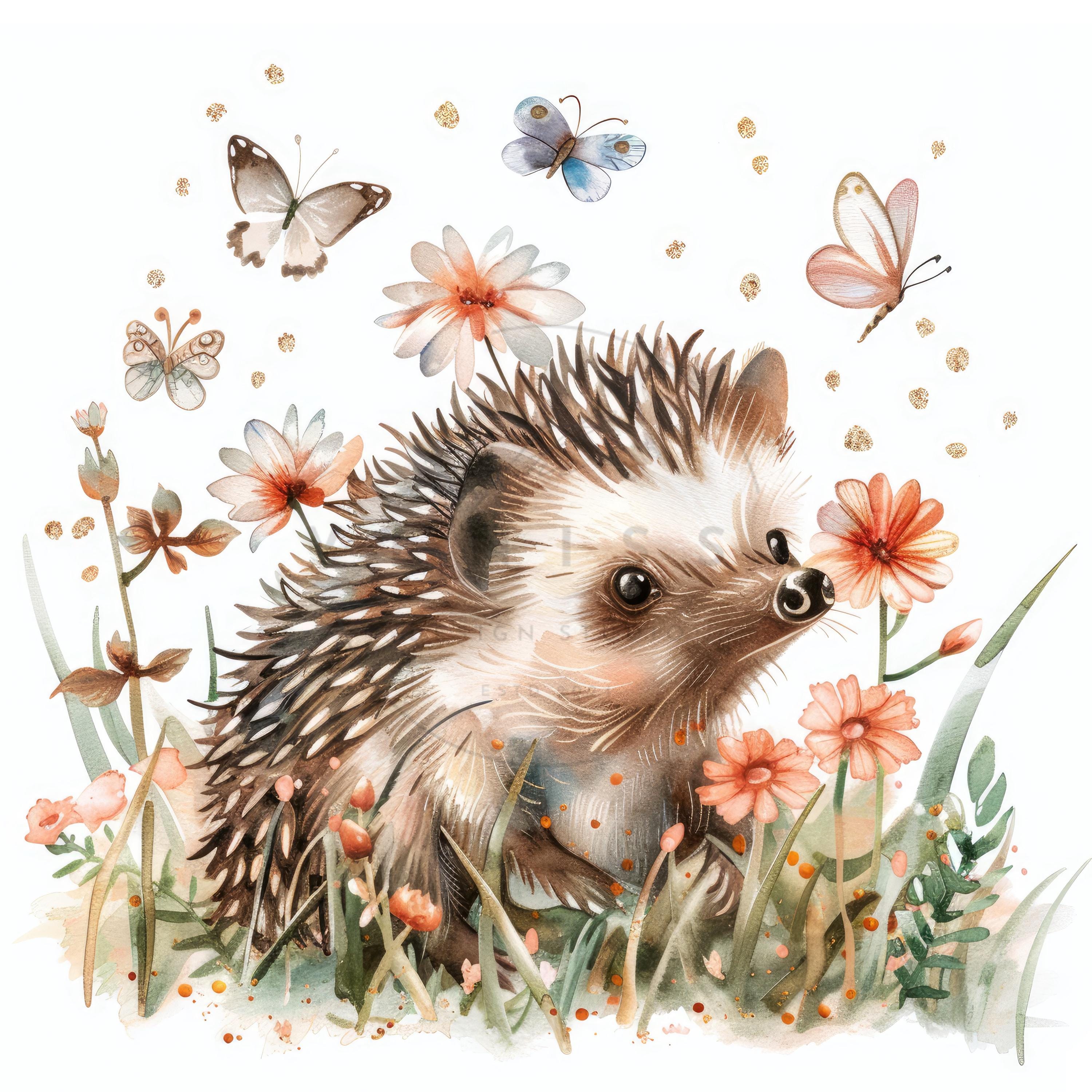 12 Hedgehog in Grass and Flowers Clipart, Watercolor Hedgehog Print ...