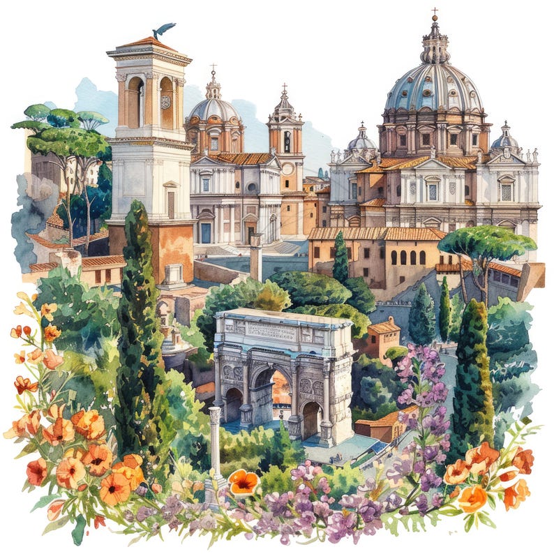 15 Watercolor Rome in Italy Clipart, Watercolor Colosseum Clip Art ...