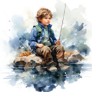 16 Boy Fishing Clipart, Watercolor Fisherman Kid Clipart, Printable ...