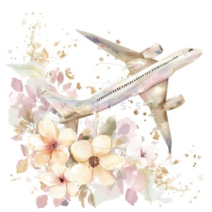11 Floral Flying Plane Clipart, Watercolor Airplane Print, Printable ...