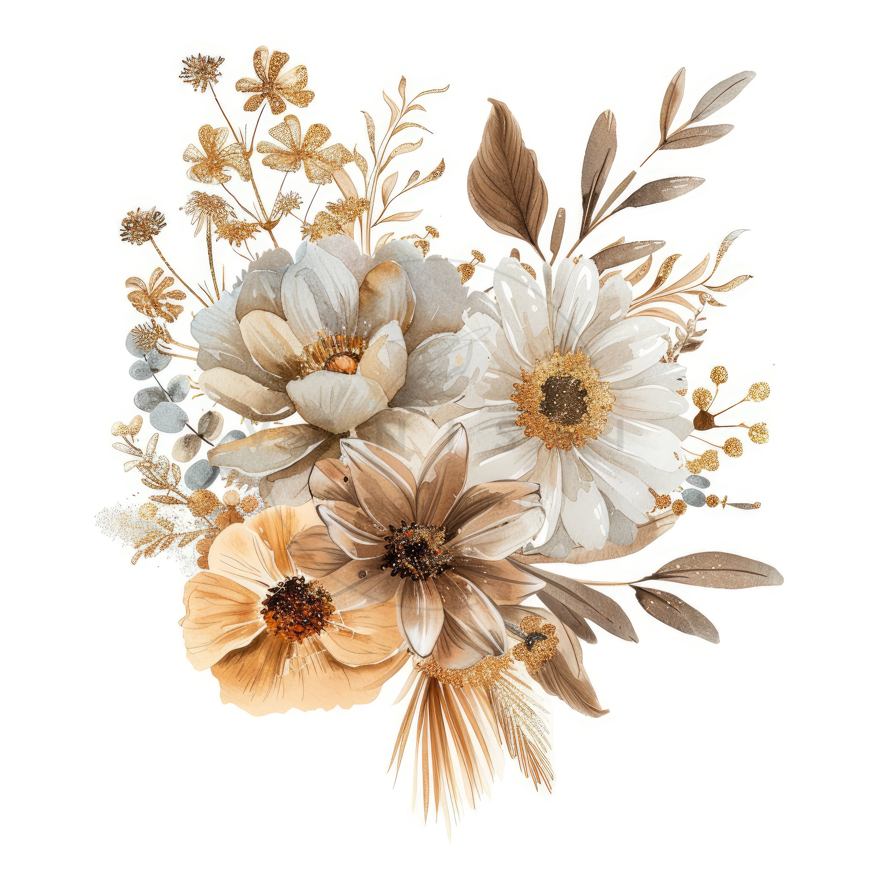 10 Spring Boho Flowers Bouquet Golden Glitter Clipart, Flowers Clip Art ...