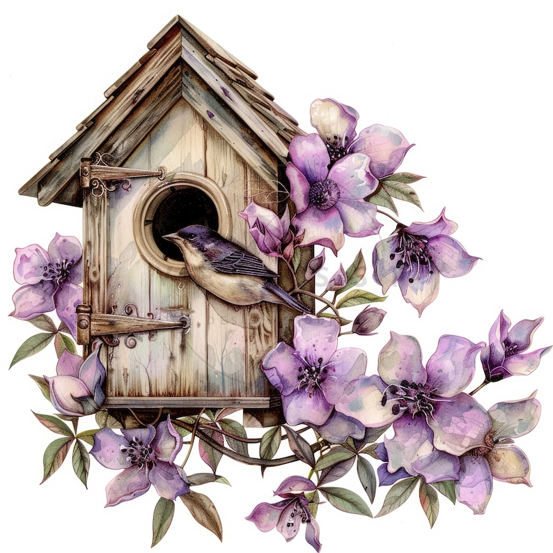 12 Vintage Bird House Clipart Pack, Watercolor Bird House Clip Art ...