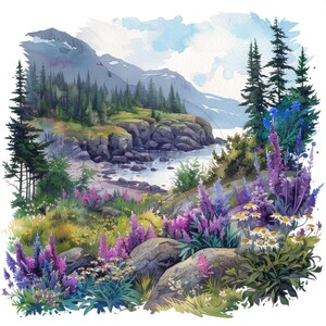 15 Alaskan Coastal Landscape Clipart, Watercolor Forest Clip Art ...