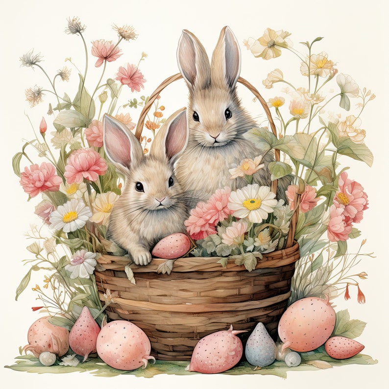 34 Easter Bunny Eggs Basket Clipart, Jpgs, Spring Bunny, Watercolor ...