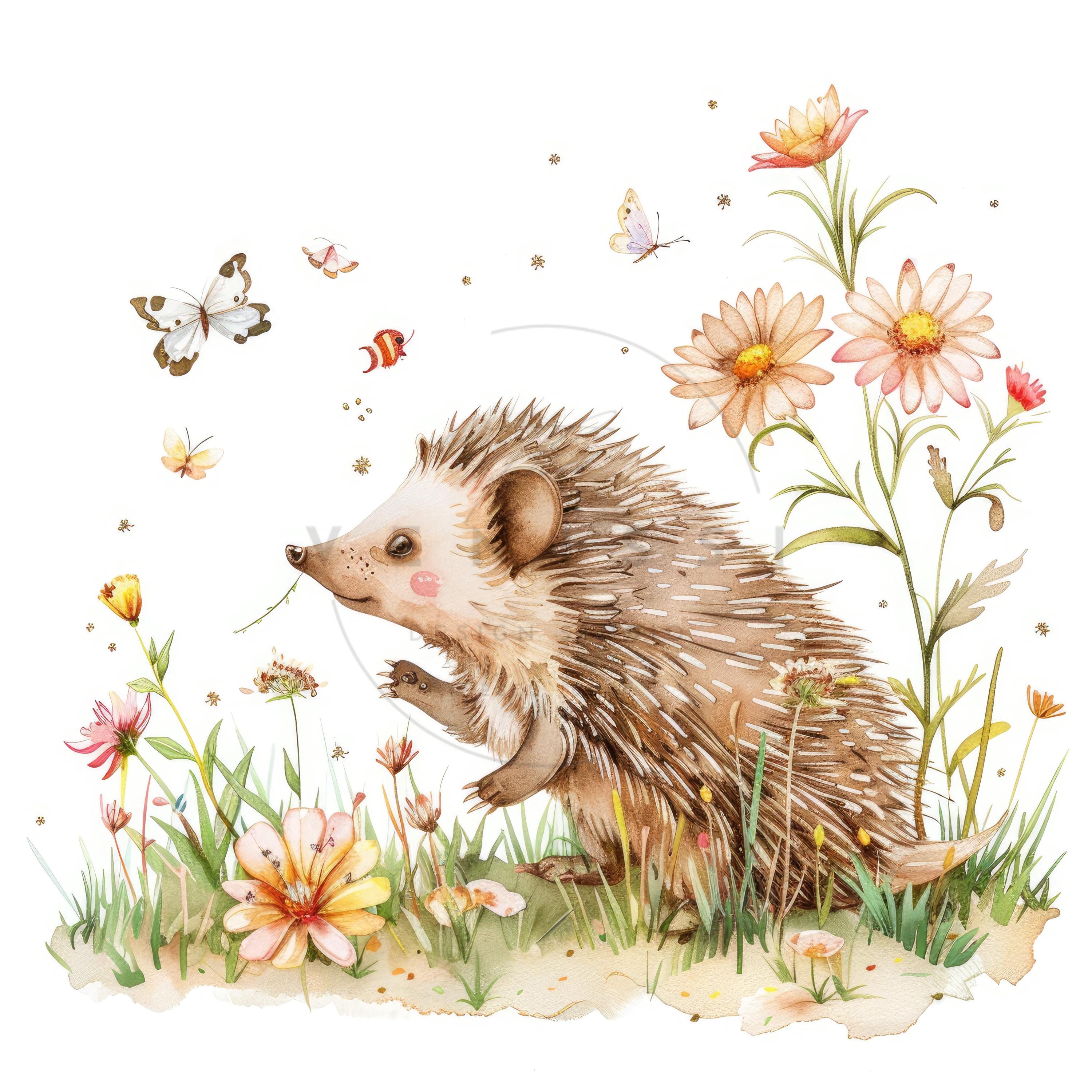 12 Hedgehog in Grass and Flowers Clipart, Watercolor Hedgehog Print ...