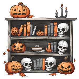 17 Halloween Bookshelf Clipart, Shelf With Pumpkins Books Clipart ...