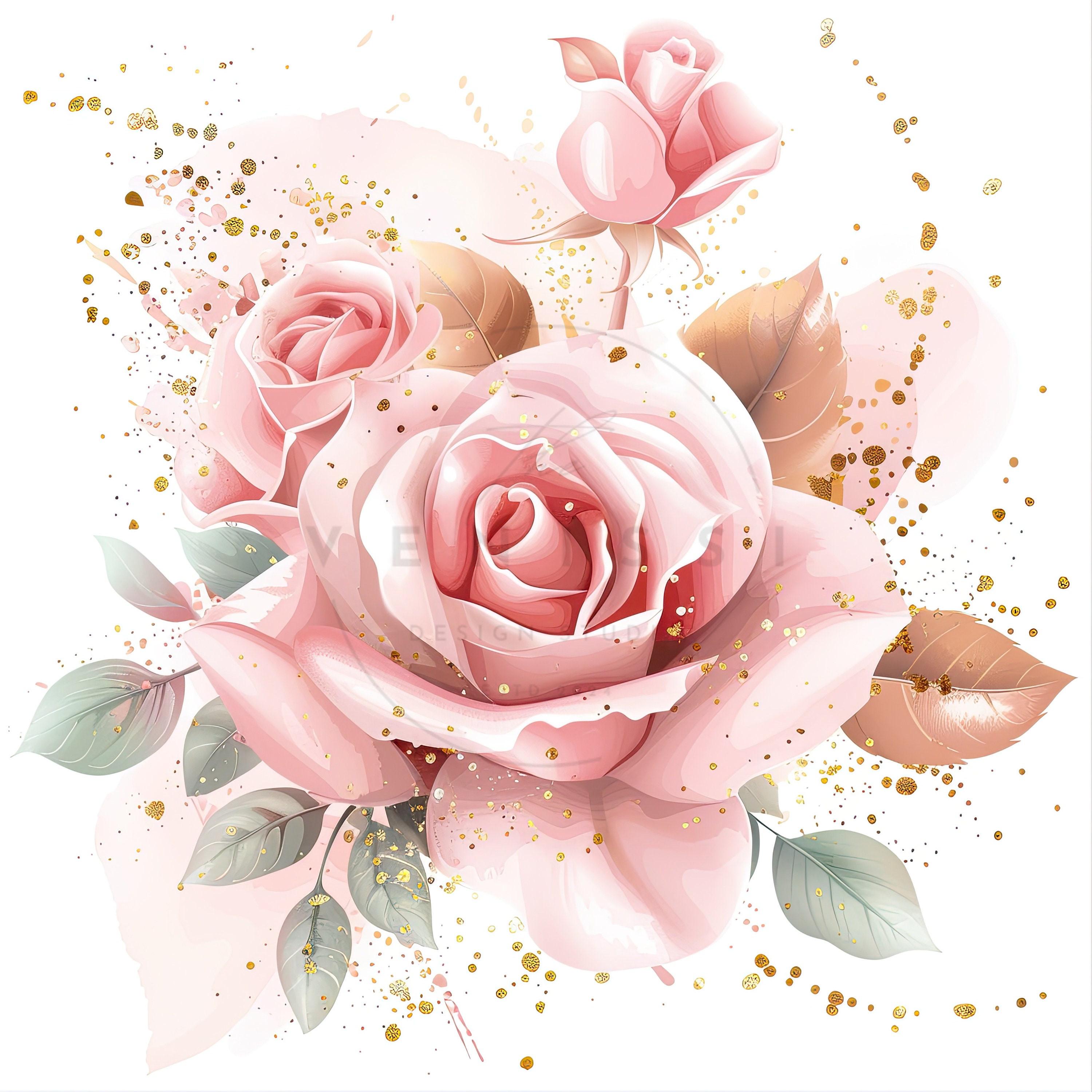 12 Pink Roses With Golden Glitter Clipart, Watercolor Pink Roses ...
