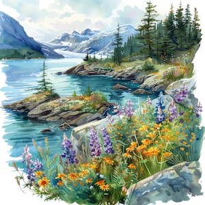 15 Alaskan Coastal Landscape Clipart, Watercolor Forest Clip Art ...
