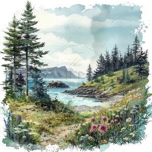 15 Alaskan Coastal Landscape Clipart, Watercolor Forest Clip Art ...