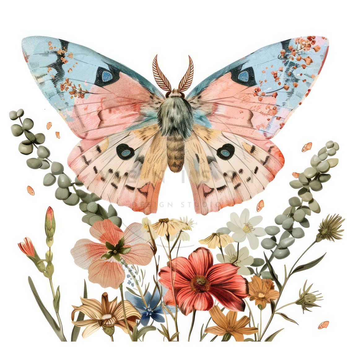 10 Vintage Moth in Flowers Clipart, Watercolor Floral Moth Clipart ...