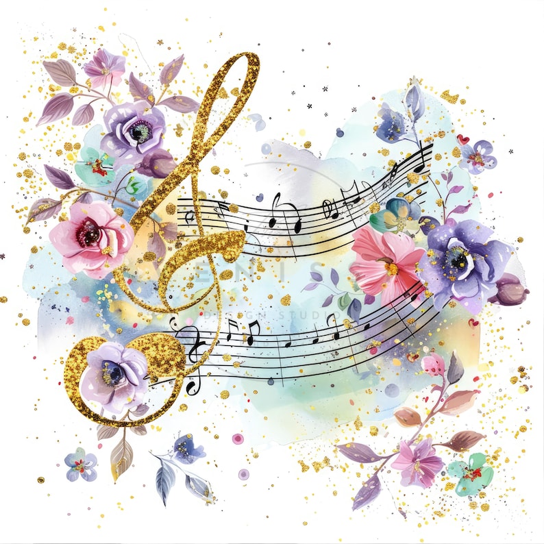 12 Floral Music Notes Clipart, Watercolor Music Clipart, Violin Print ...