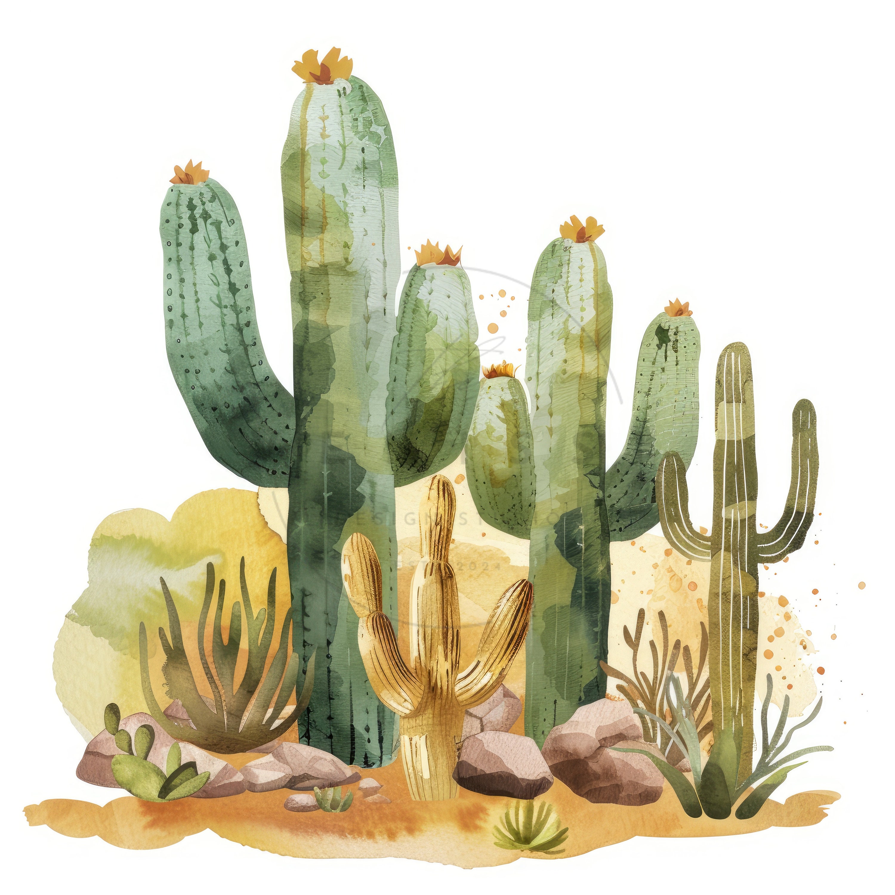 12 Watercolor Cactus in Desert Landscape Clipart Set, Desert Plant ...