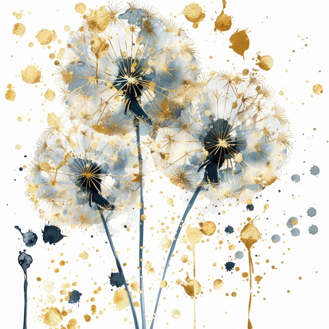 11 Watercolor Dandelion Gold Leaves Clipart Set, Abstract Flowers ...