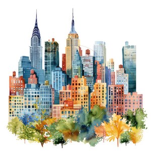 10 New York City Panorama Clipart, Watercolor New York Clipart ...