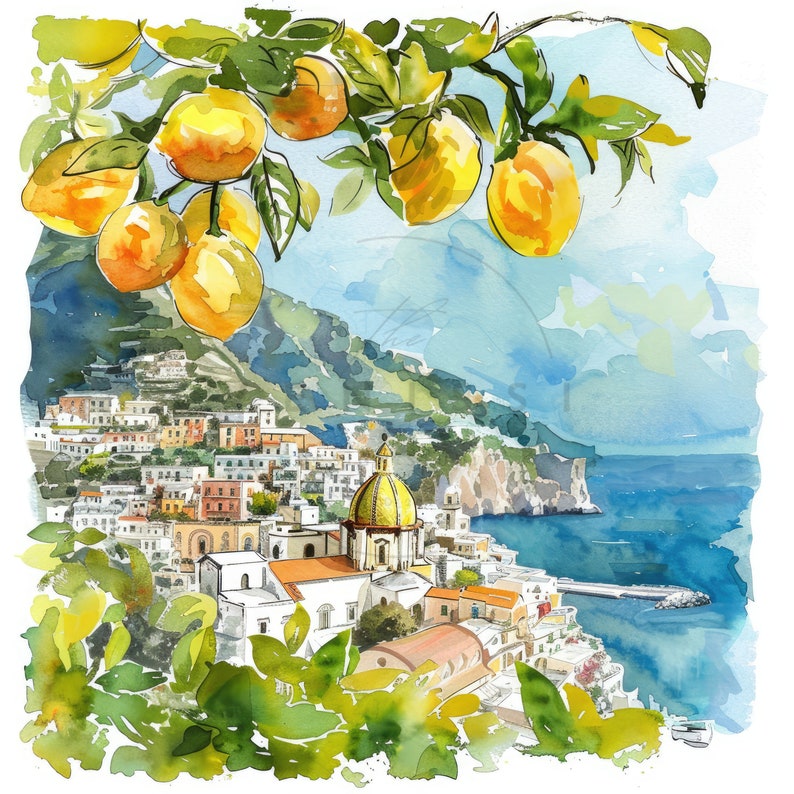 15 Italian Coast Clipart, Watercolor Amalfi Citrus Coast Clip Art ...