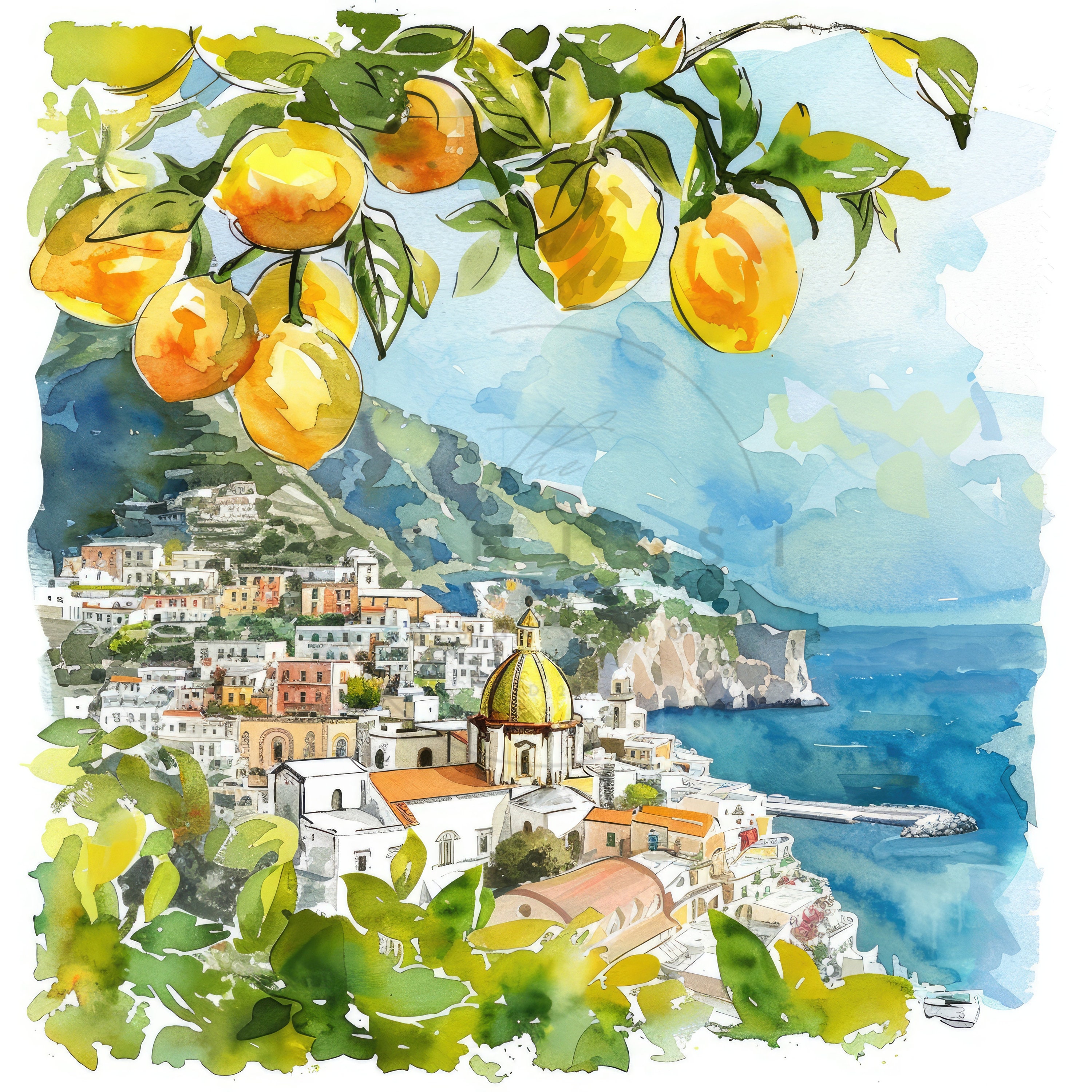 15 Italian Coast Clipart, Watercolor Amalfi Citrus Coast Clip Art ...