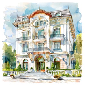 11 Luxury Hotel Clipart, Watercolor Hotel Print, Watercolor Clipart ...