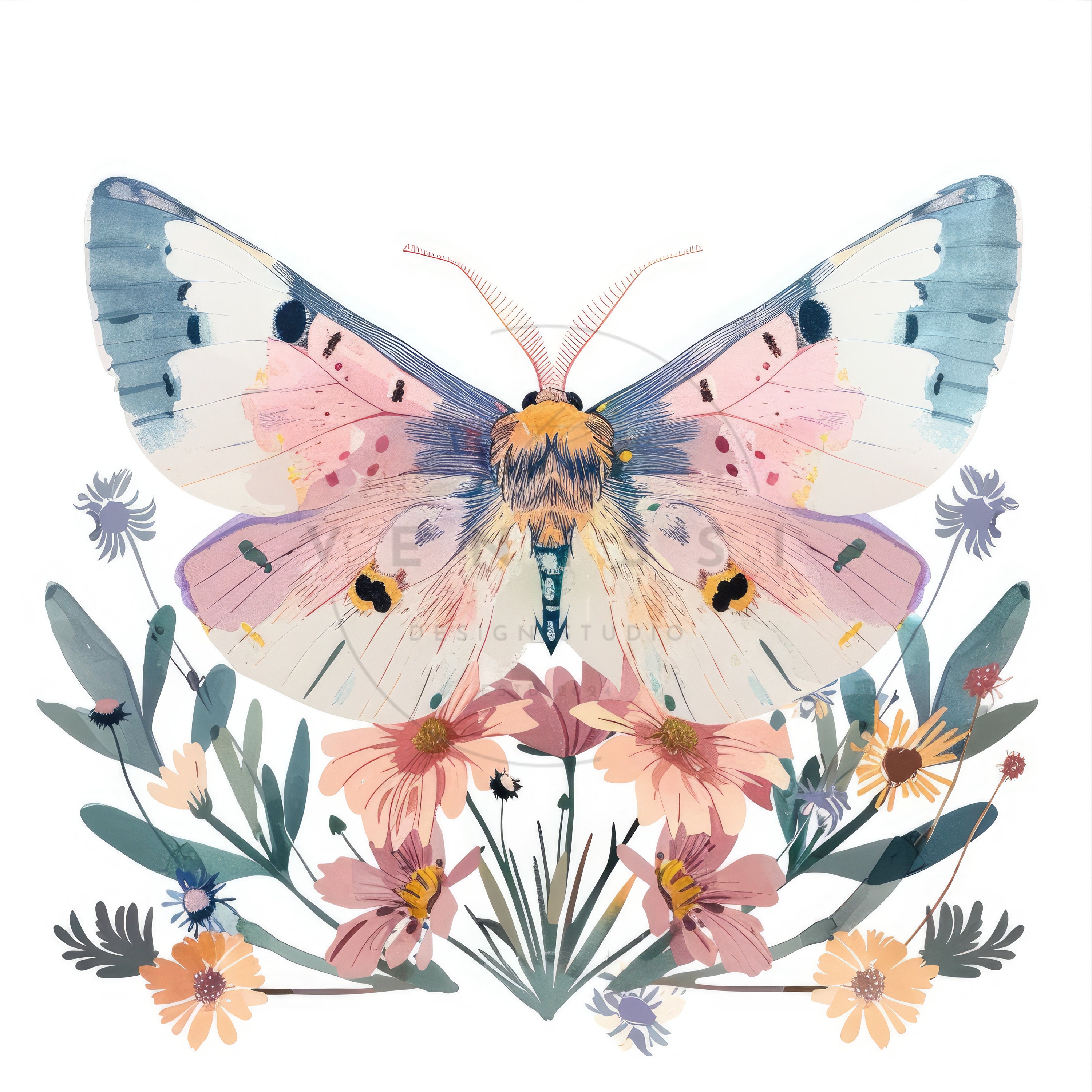 10 Vintage Moth in Flowers Clipart, Watercolor Floral Moth Clipart ...