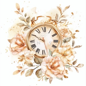 18 Vintage Clock in Flowers Clipart, Watercolor Floral Clock Clipart ...