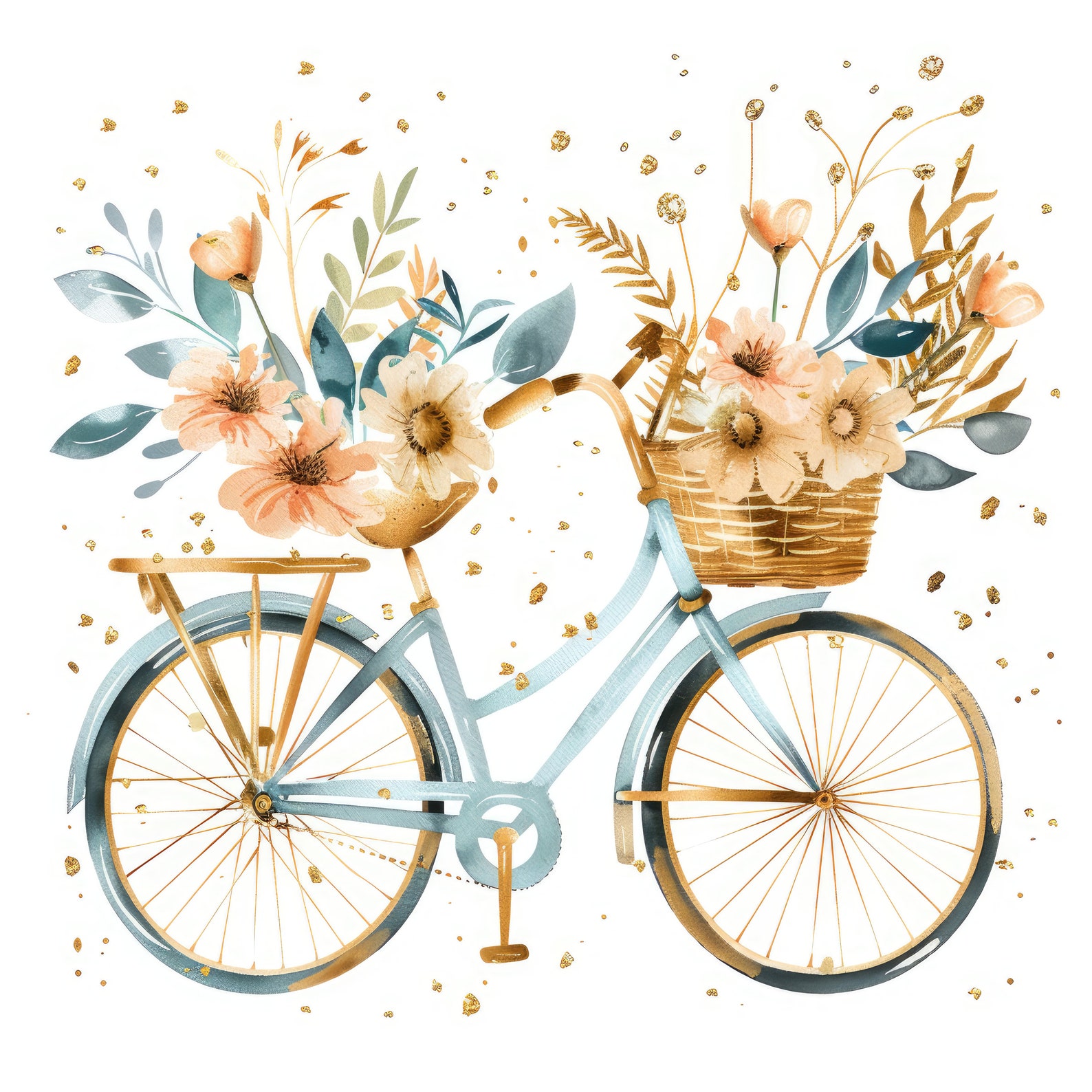 14 Bicycles With Basket of Flowers Glittered Clipart Jpgs, Watercolor ...