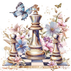 16 Floral Chessboard Clipart, Watercolor Chess Print, Printable High ...