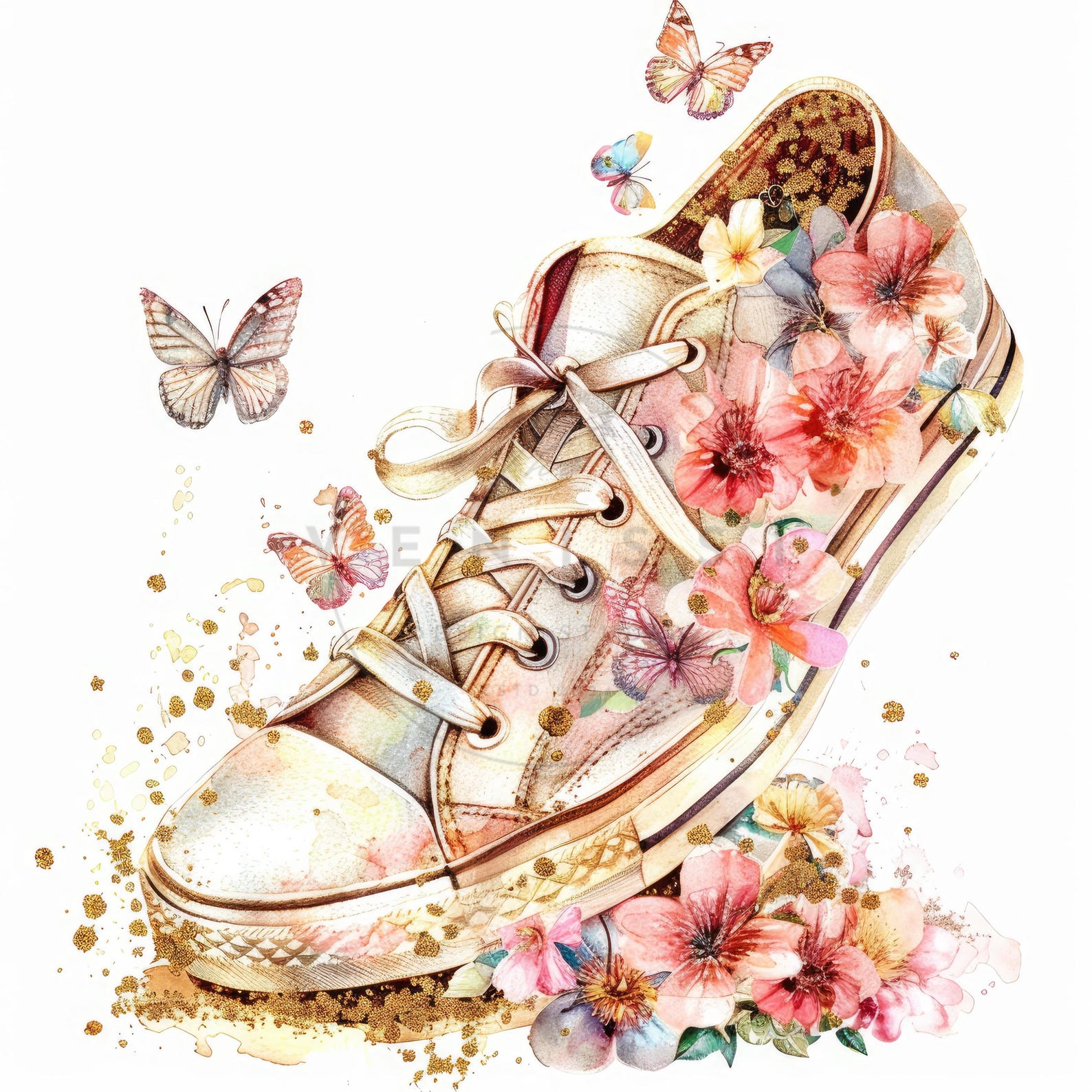 19 Floral Sneakers With Butterflies Clipart, Fashion Shoes Print ...