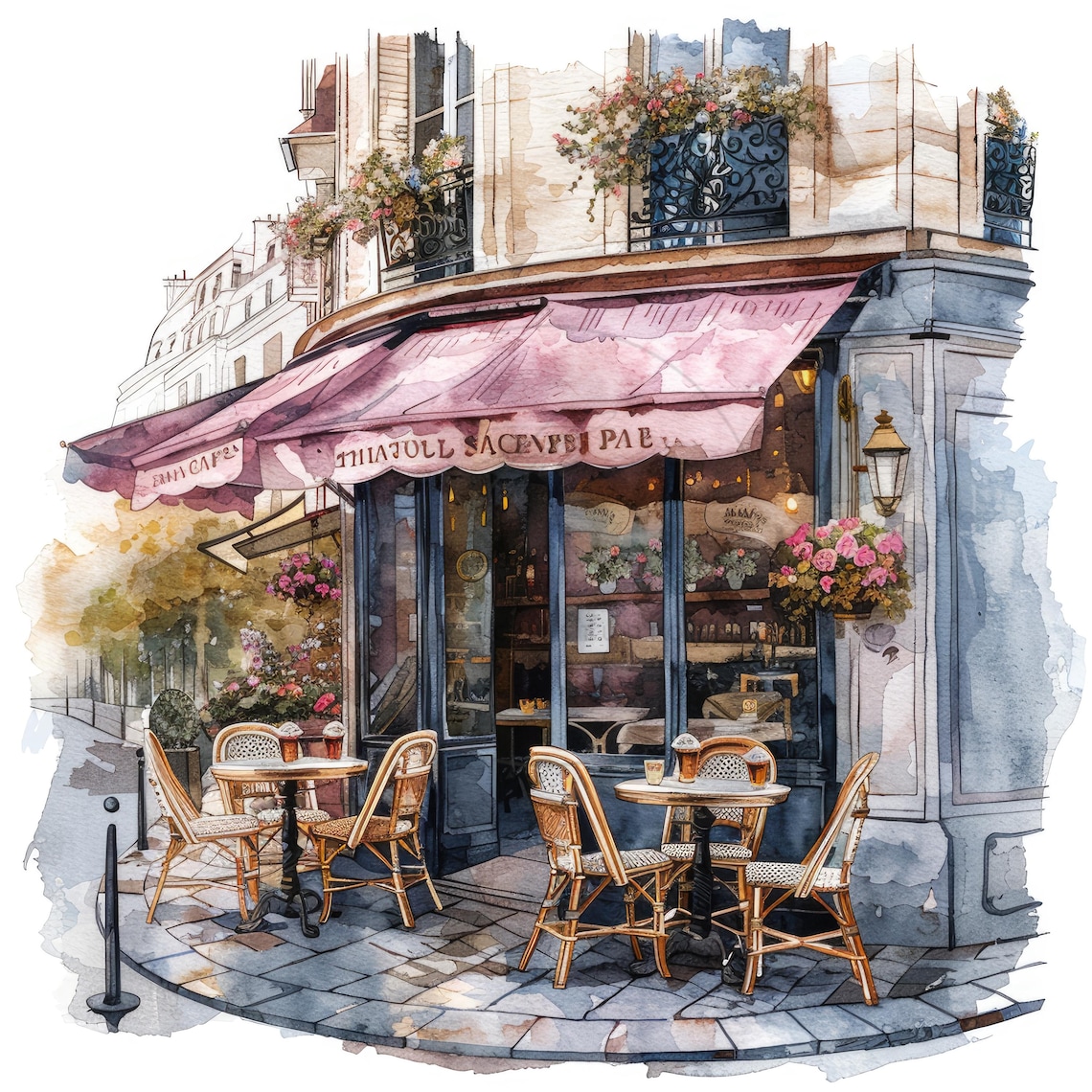 15 Cafe in Paris Clipart, Watercolor French Cityscape Clip Art ...