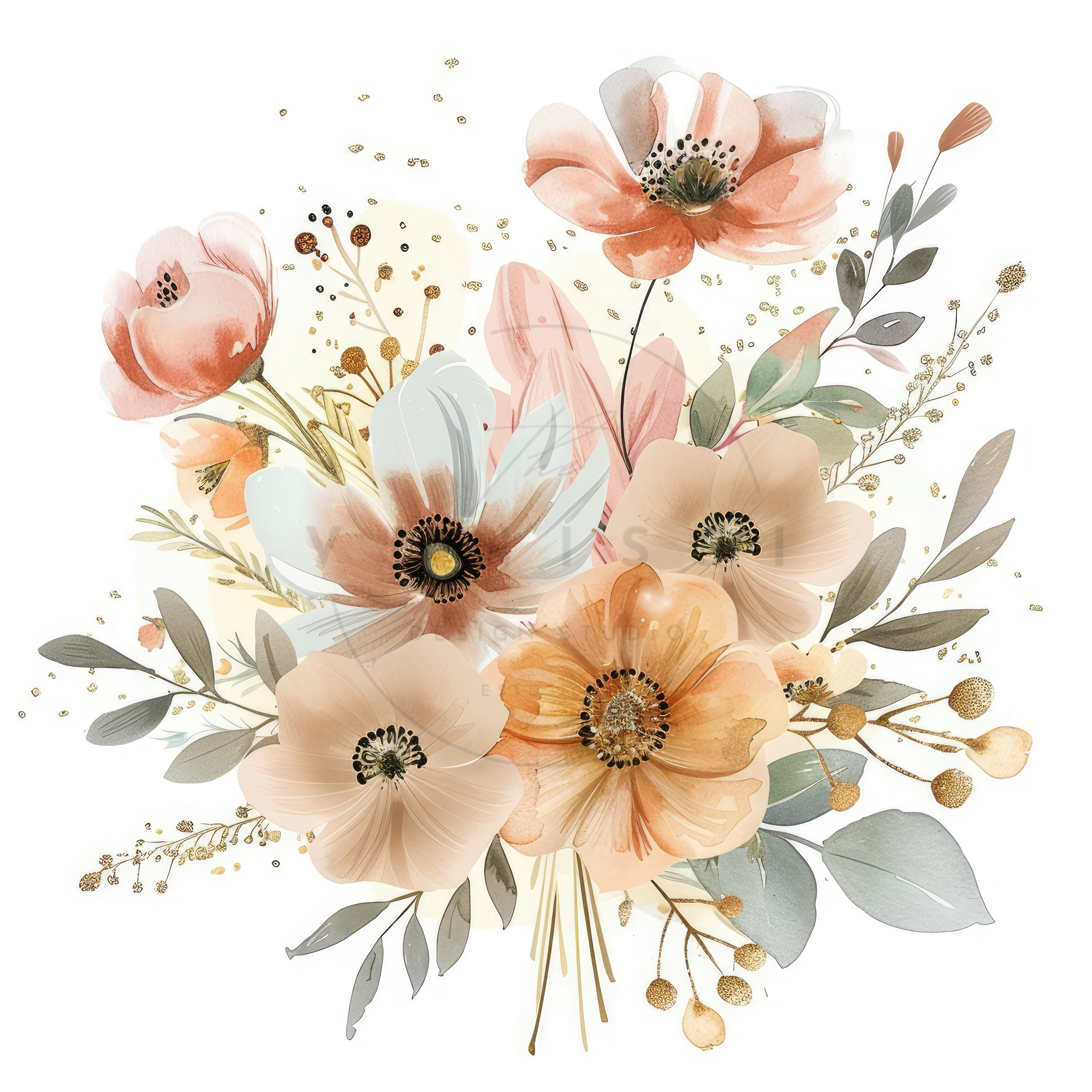 10 Spring Boho Flowers Bouquet Golden Glitter Clipart, Flowers Clip Art ...