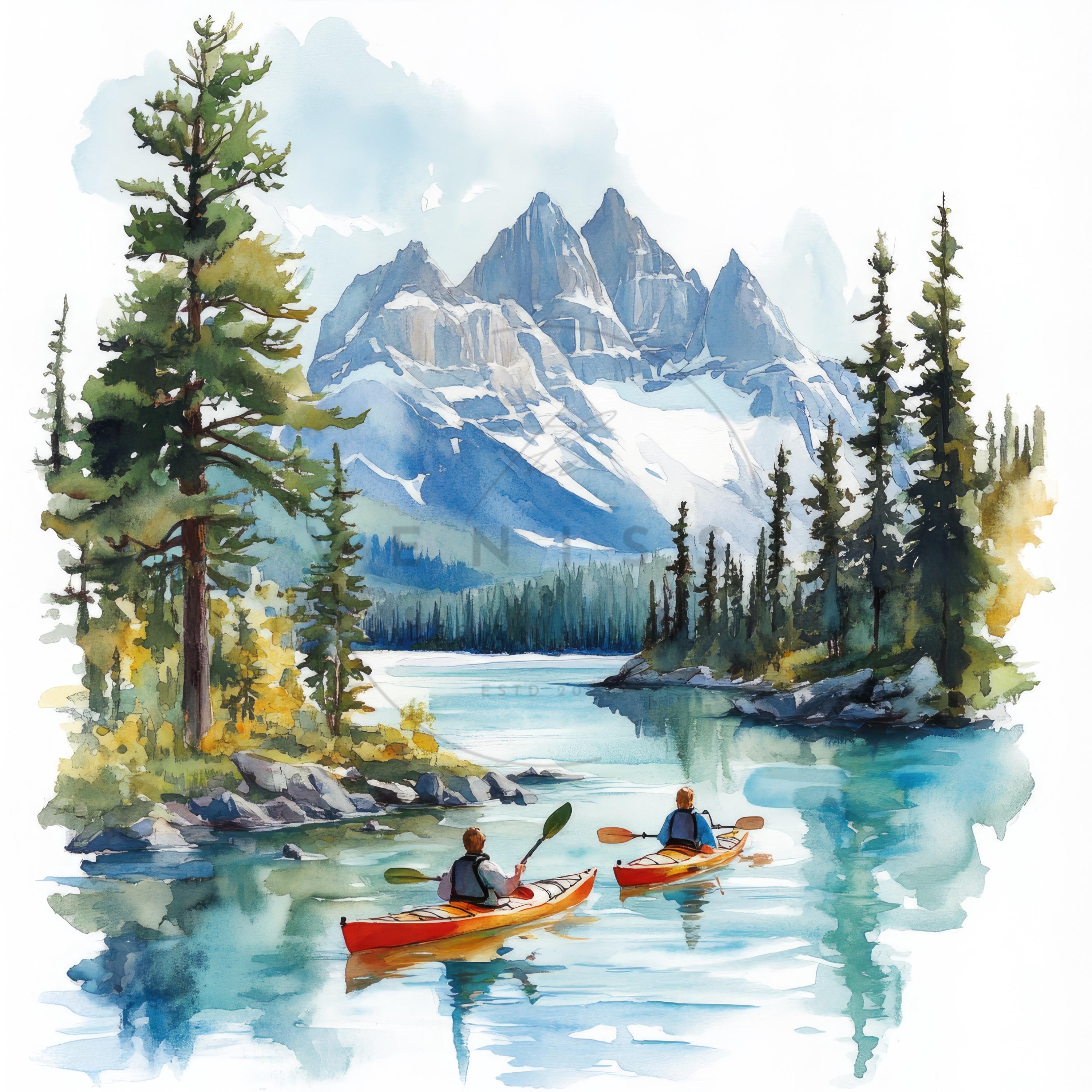 16 Kayaking Clipart, Watercolor Lake Kayaking Scenery Clip Art ...